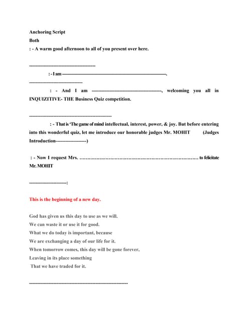 College fest anchoring script | PDF