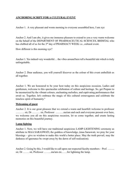 Freshers day anchoring script for College | PDF