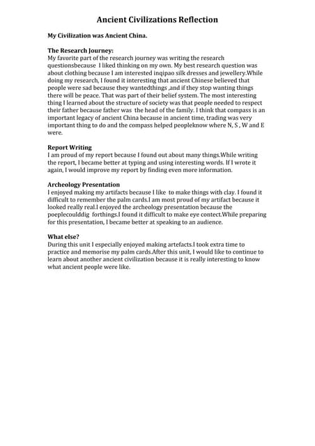 Ancient civilizations reflection | DOCX | Hobbies & Interests