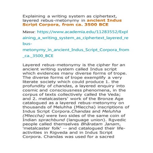 Ancient indus script corpora, from ca. 3500 bce ( from google.com ...