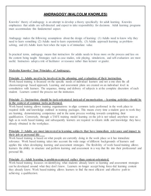 ANDRAGOGY (MALCOLM KNOWLES)- FOUR PRINCIPLES | DOCX ANDRAGOGY (MALCOLM KNOWLES)- FOUR PRINCIPLES | DOCX