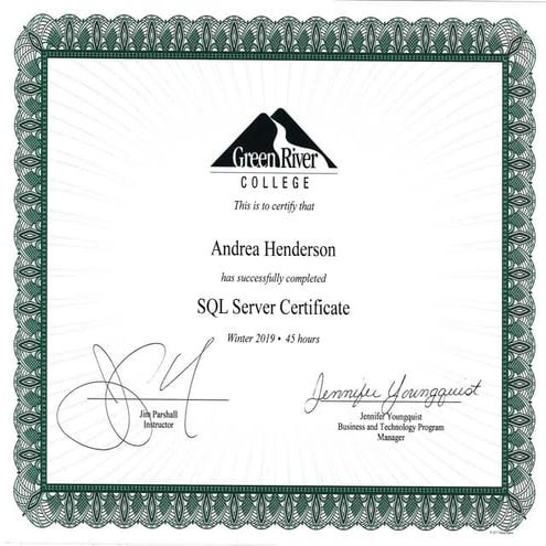 Andrea M Henderson SQL Server Certificate 04.25.19