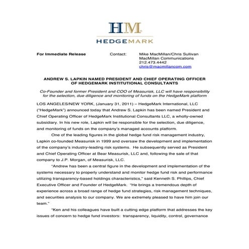 Andrew Lapkin Measurisk Co Founder Named President And Coo At Hedge ...