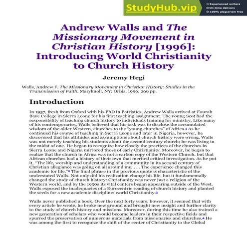 Andrew Walls and The Missionary Movement in Christian History (1996 ...