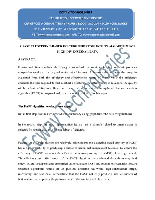 Android A Fast Clustering Based Feature Subset Selection Algorithm For High Dimensional Data Pdf