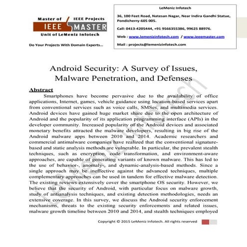 Android Security A Survey Of Issues Malware Penetration And Defenses