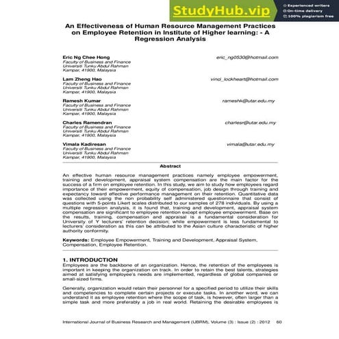 An Effectiveness Of Human Resource Management Practices On Employee Retention In Institute Of ...