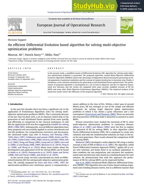 An Efficient Differential Evolution Based Algorithm For Solving Multi Objective Optimization