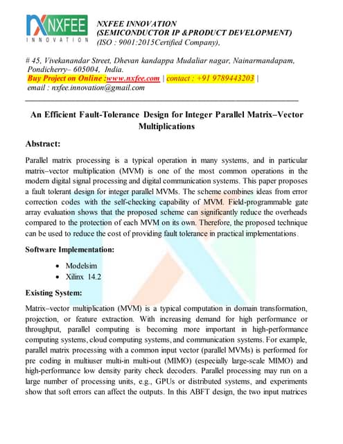 An efficient fault tolerance design for integer parallel matrix vector ... An efficient fault tolerance design for integer parallel matrix vector ...
