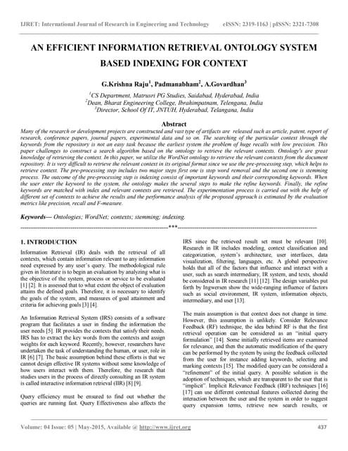 An Efficient Information Retrieval Ontology System Based Indexing For Context Pdf