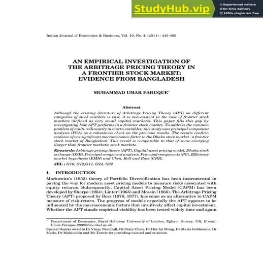 An Empirical Investigation of the Arbitrage Pricing Theory in a Frontier Stock Market. Indian ...