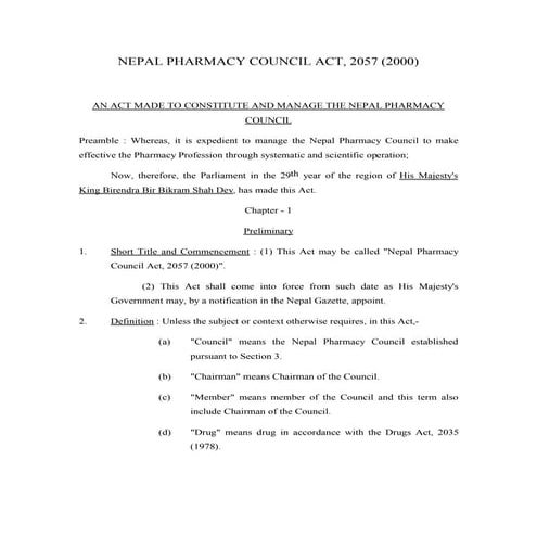 Nepal pharmacy council act 2057 | PDF