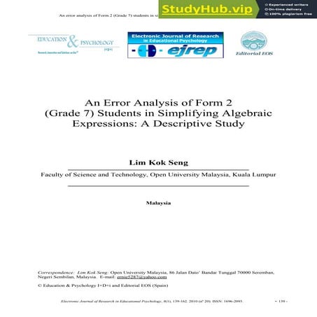 An Error Analysis Of Form 2 (Grade 7) Students In Simplifying Algebraic ...