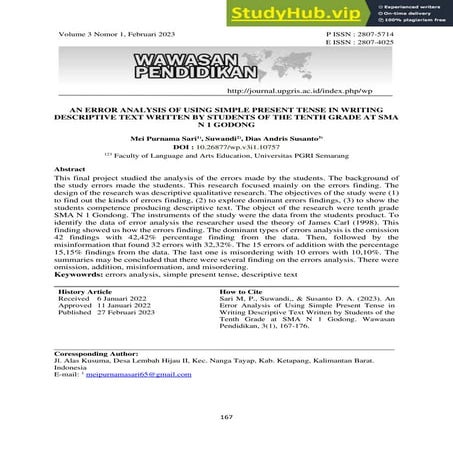 An Error Analysis Of Using Simple Present Tense In Writing Descriptive Text Written By Students ...