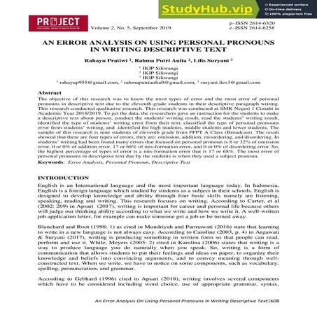 An Error Analysis On Using Personal Pronouns In Writing Descriptive ...