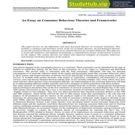 An Essay On Consumer Behaviour Theories And Frameworks | PDF