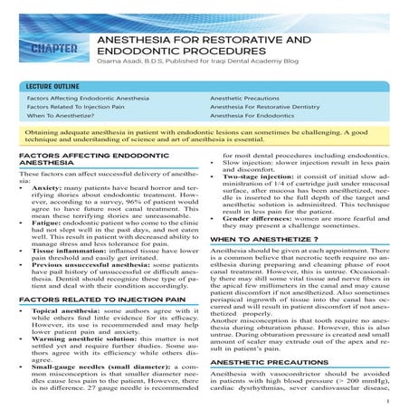 Anesthesia for Restorative Dentistry and Endodontics Lecture | PDF