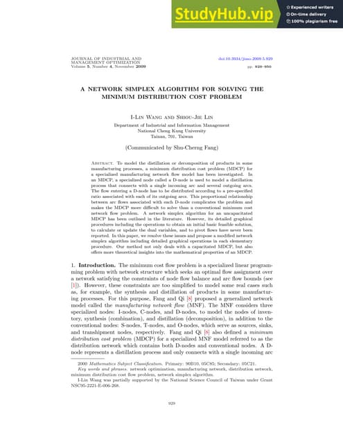 A Network Simplex Algorithm For Solving The Minimum Distribution Cost 6121