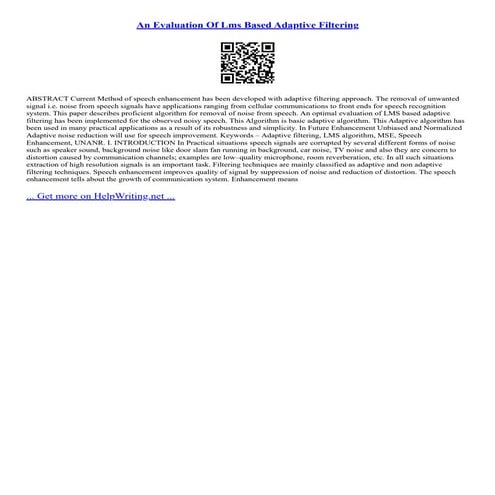 An Evaluation Of Lms Based Adaptive Filtering Pdf