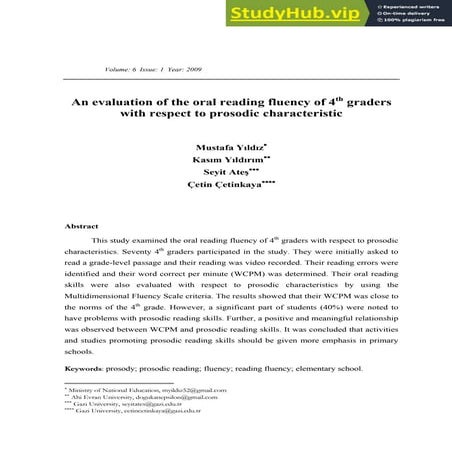 An Evaluation Of The Oral Reading Fluency Of 4Th Graders With Respect ...