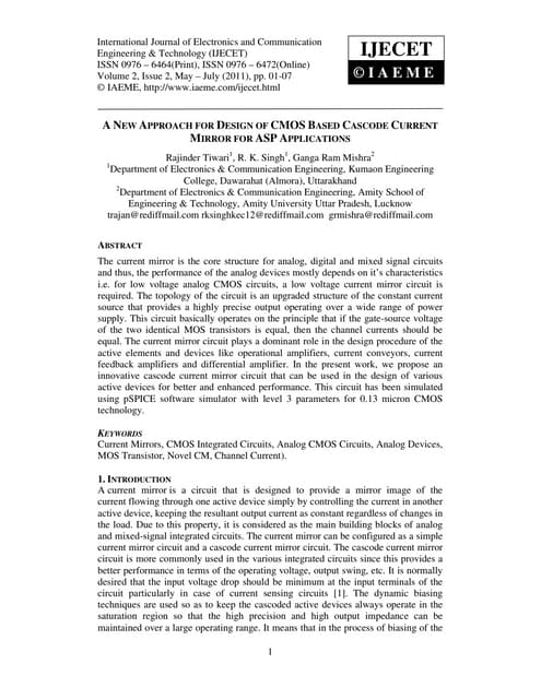 A Low Power Low Voltage High Performance CMOS Current Mirror | PDF