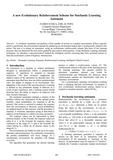 A New Evolutionary Reinforcement Scheme For Stochastic Learning Automata Pdf