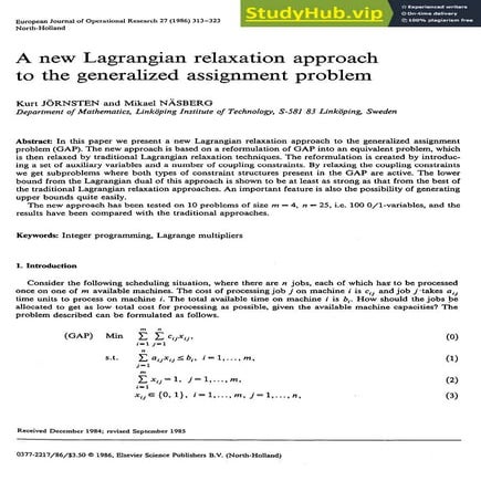 A New Lagrangian Relaxation Approach To The Generalized Assignment Problem | PDF