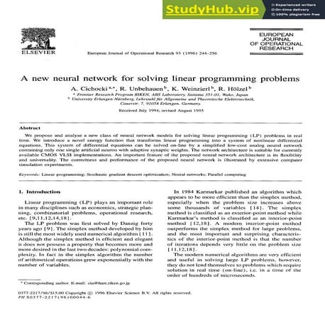 A New Neural Network For Solving Linear Programming Problems | PDF