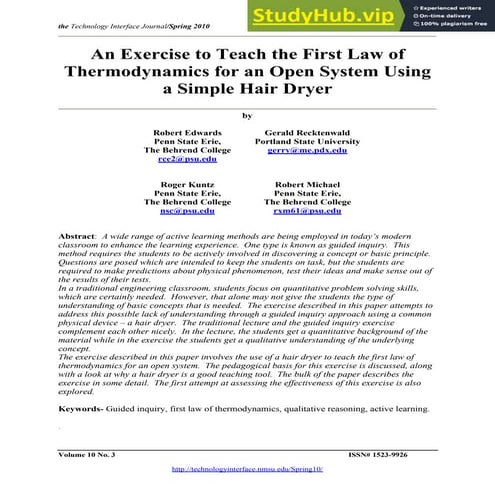 An Exercise To Teach The First Law Of Thermodynamics For An Open System Using A Simple Hair ...