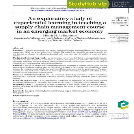 An Exploratory Study Of Experiential Learning In Teaching A Supply ...
