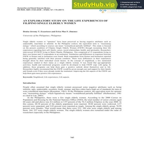 AN EXPLORATORY STUDY ON THE LIFE EXPERIENCES OF FILIPINO SINGLE ELDERLY WOMEN | PDF