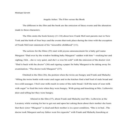 Angela ashes film vs book | PDF