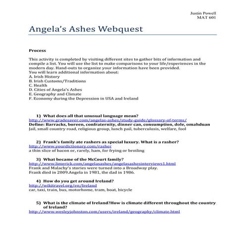 Angela's Ashes Webquest w/ Answers | DOCX