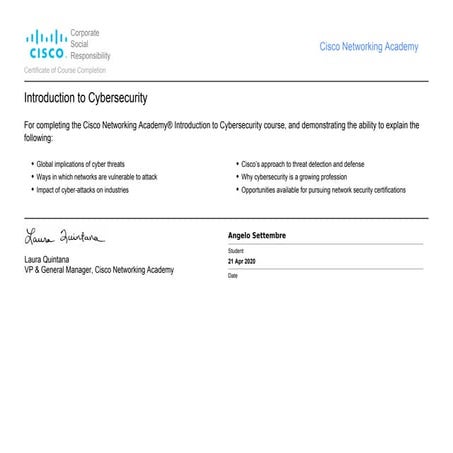 Certificate of Course Completion "Introduction to Cybersecurity" powered by Cisco Networking ...