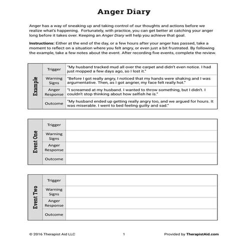 Anger Diary Worksheet - TheraNest.com
