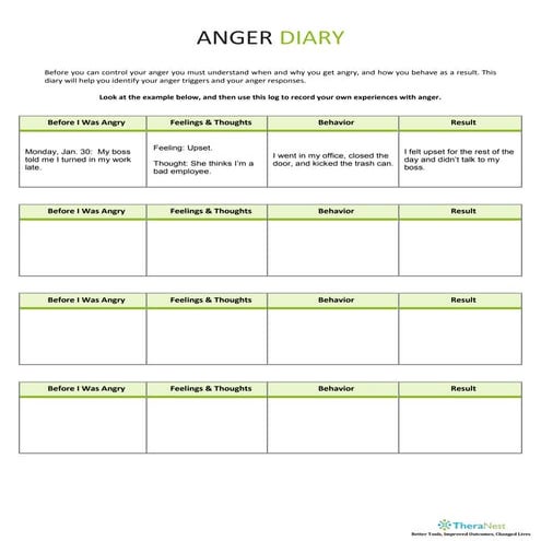 Anger Diary Worksheet - TheraNest.com
