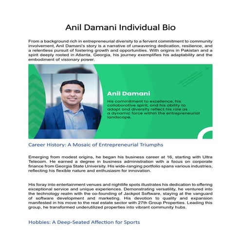 Anil Damani Bio, Work Experience and Education details | PDF