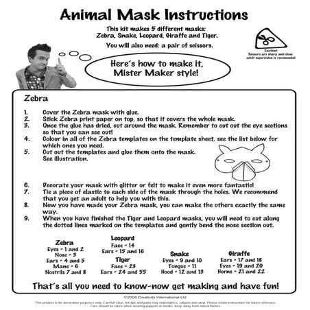 Mister Maker Animal Mask Instruction Sheet | PDF
