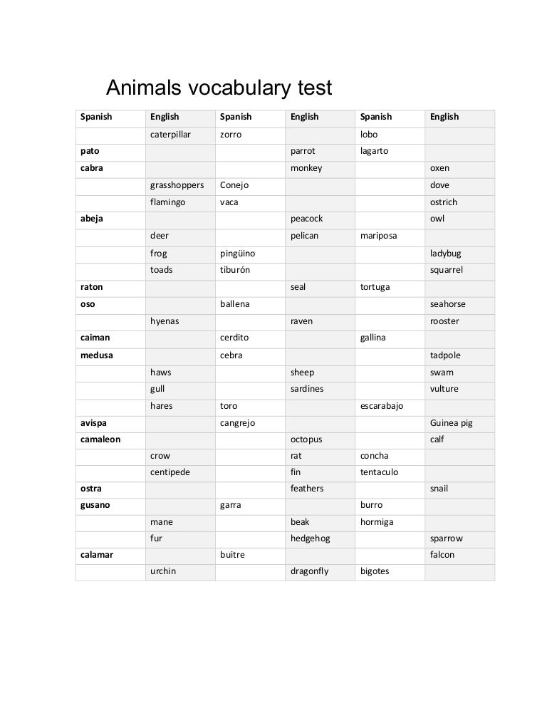 Animals vocabulary test
