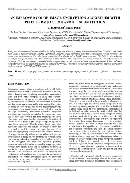 An Improved Color Image Encryption Algorithm With Pixel Permutation And Bit Substitution Pdf