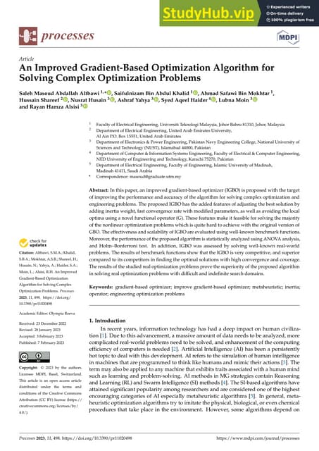 An Improved Gradient Based Optimization Algorithm For Solving Complex Optimization Problems Pdf