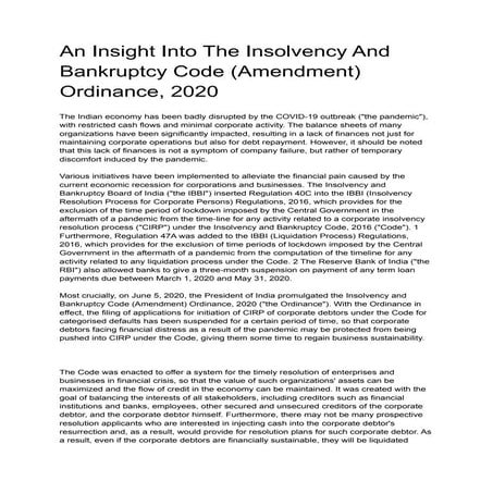 An Insight Into The Insolvency And Bankruptcy Code (Amendment) Ordinance, 2020 | PDF