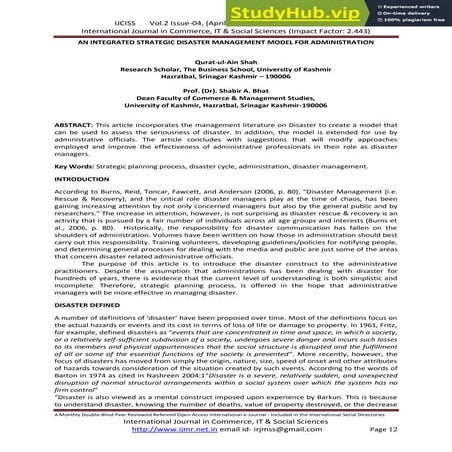 AN INTEGRATED STRATEGIC DISASTER MANAGEMENT MODEL FOR ADMINISTRATION | PDF