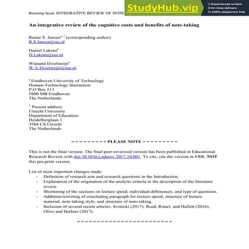 An Integrative Review Of The Cognitive Costs And Benefits Of Note-Taking | PDF