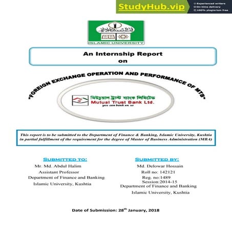 An Internship Report On Quot Foreign Exchange Operation And Performance ...