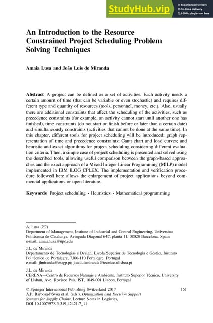 An Introduction To The Resource Constrained Project Scheduling Problem