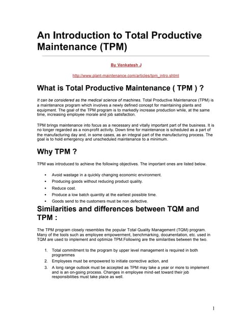 Total productive maintenance (tpm) | PPTX | Business | Business and Finance