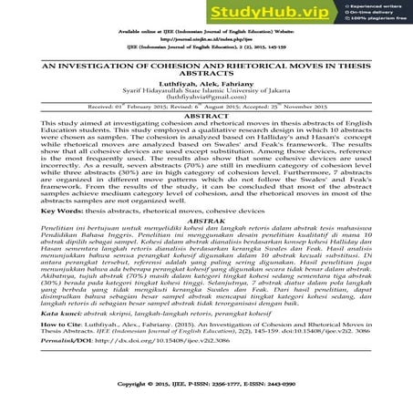 An Investigation Of Cohesion And Rhetorical Moves In Thesis Abstracts | PDF