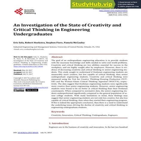 An Investigation of the State of Creativity and Critical Thinking in ...