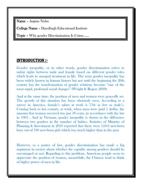 GENDER DISCRIMINATION AND INEQUALITY ANALYSIS | PDF | Economy ...